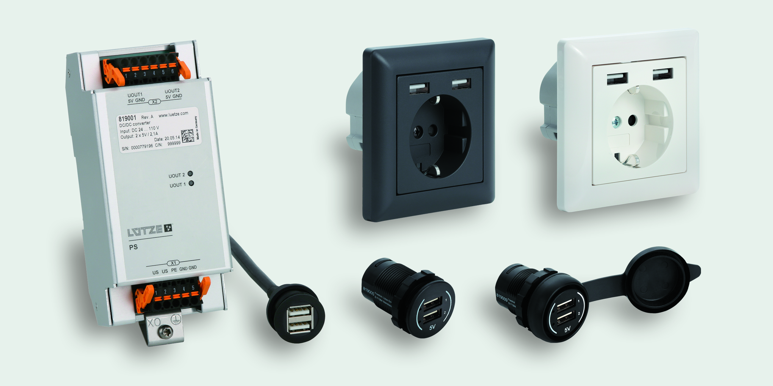 Rail-compatible USB charging ports for the passenger area and driver's cab
